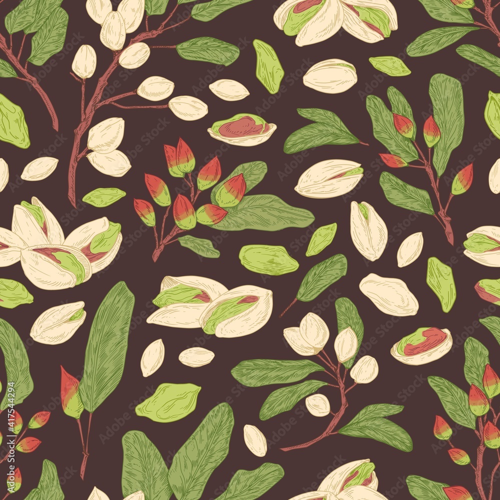 Seamless pistachio pattern with nuts, shells, branches and leaves ...