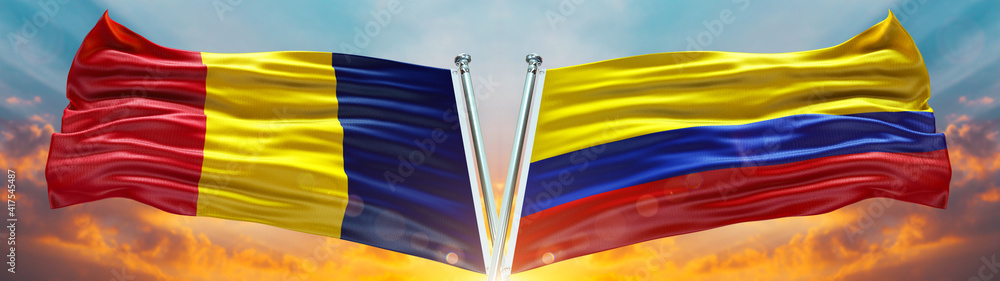 Chad Flag and Colombia Flag waving with texture Blue sky could and ...