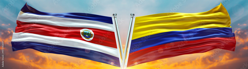 Costa Rica Flag and Colombia Flag waving with texture Blue sky could ...