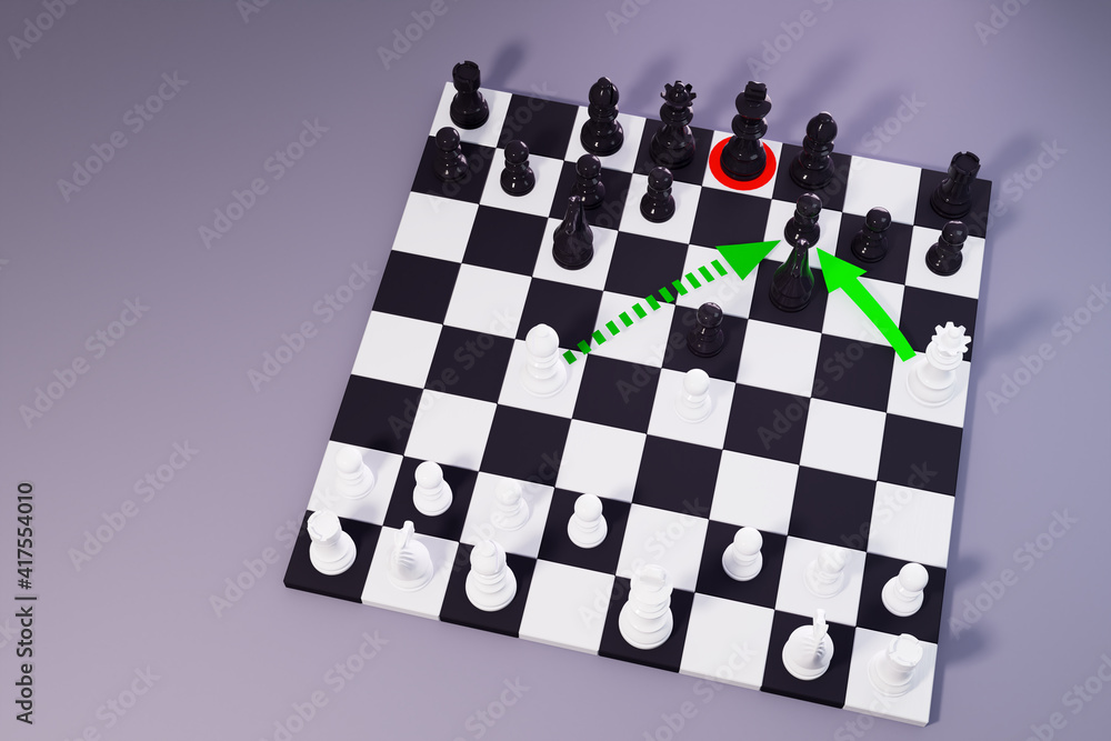 Checkmate. High angle view of chess board with white queen ready to ...