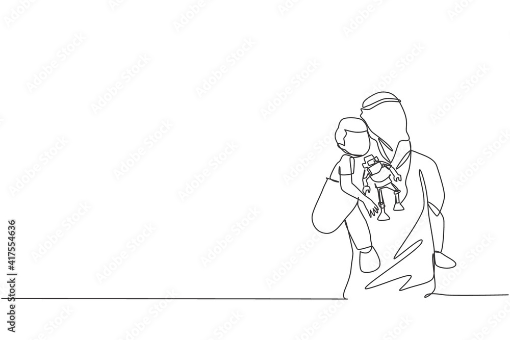 One single line drawing of young Arabian father hugging his boy son ...