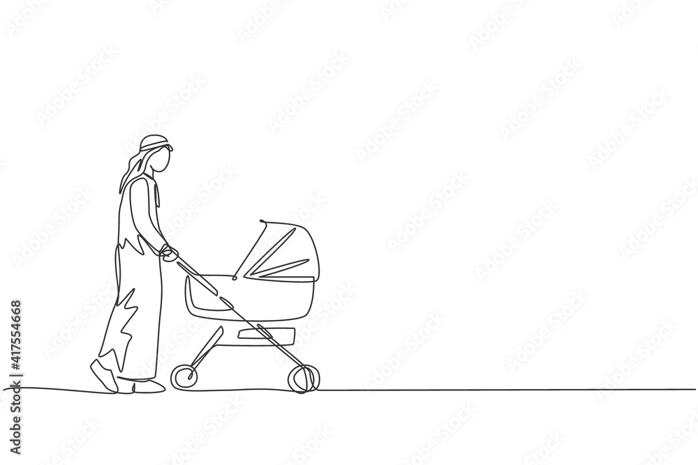 One continuous line drawing of young Arabian dad walking and pushing ...