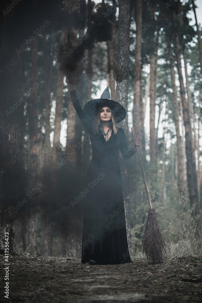 Witch at wood, fog around, magic concept, illustration for rituals and ...