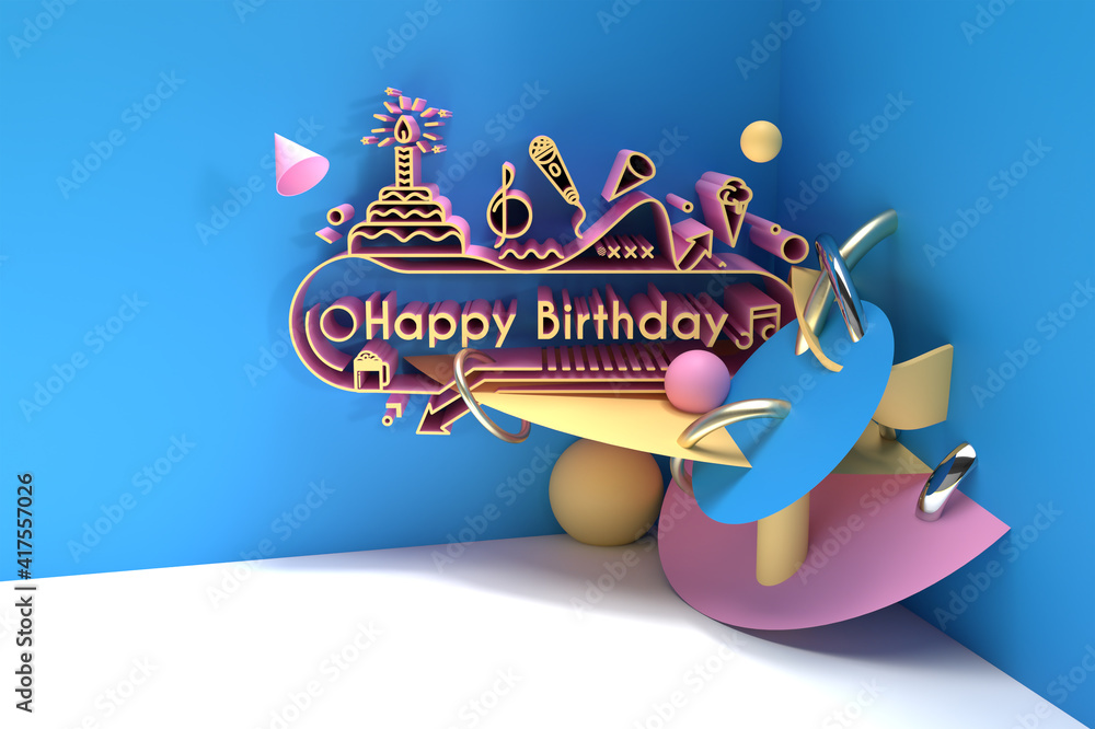 3D Happy Birthday Text Party Elements Background Flyer Poster 3D Design ...