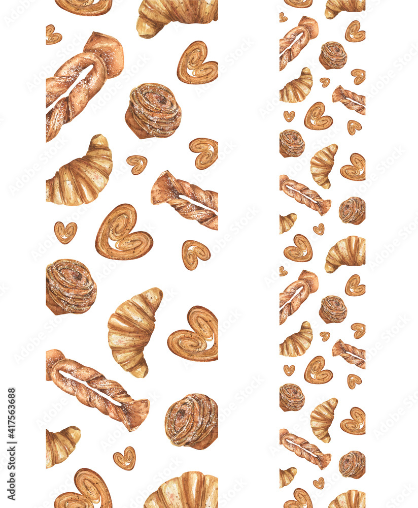 Watercolor set of seamless borders with pattern of pastries Stock ...