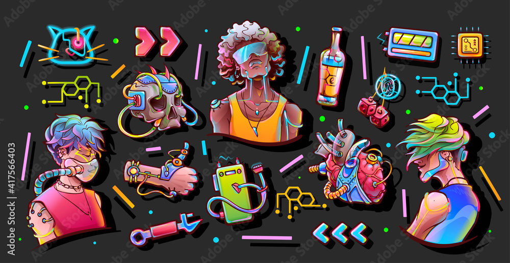 Young men and objects in cyberpunk style Stock Vector | Adobe Stock