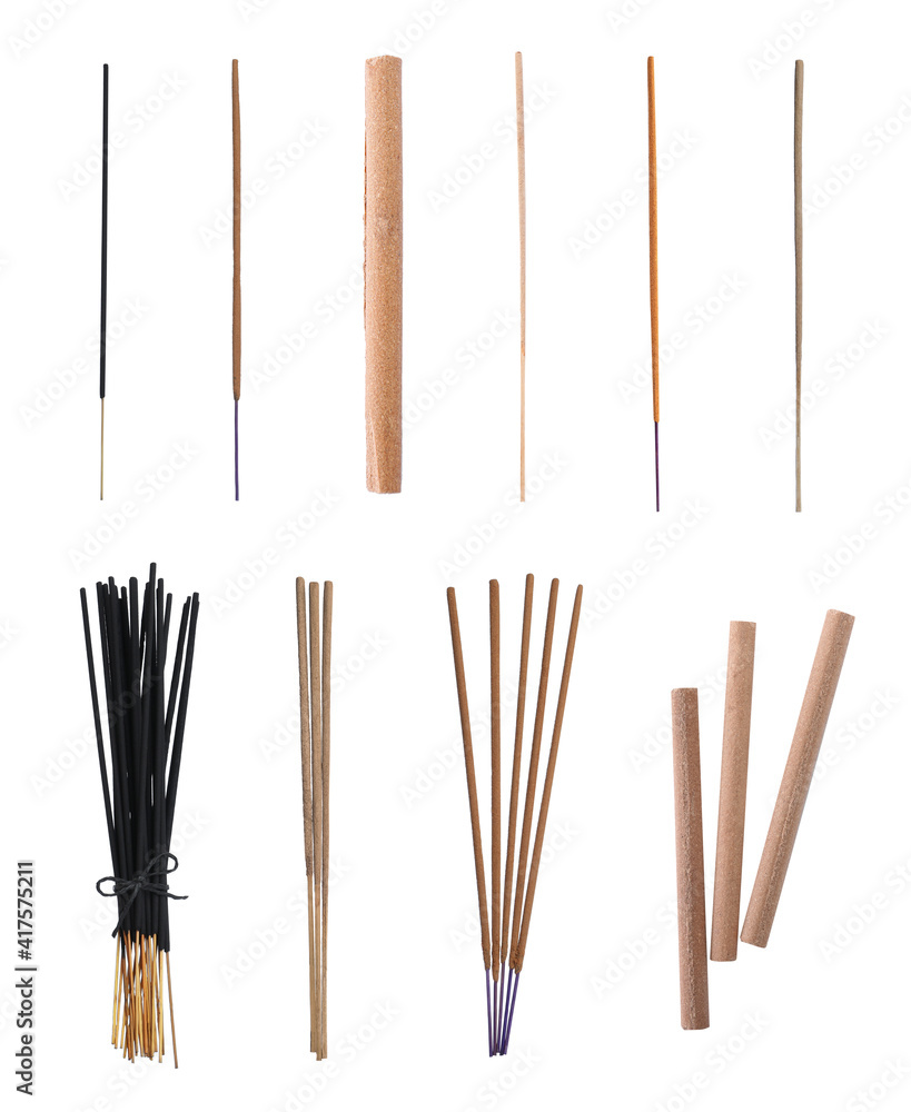 Set with aromatic incense sticks on white background Stock Photo ...