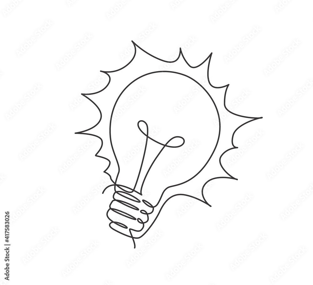 Single continuous line drawing of shining lightbulb for creativity logo ...