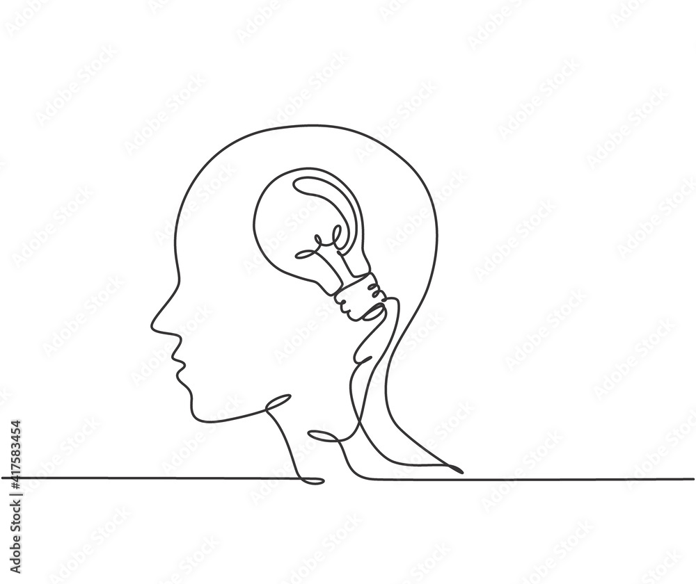 One continuous line drawing of human man head with lightbulb inside ...
