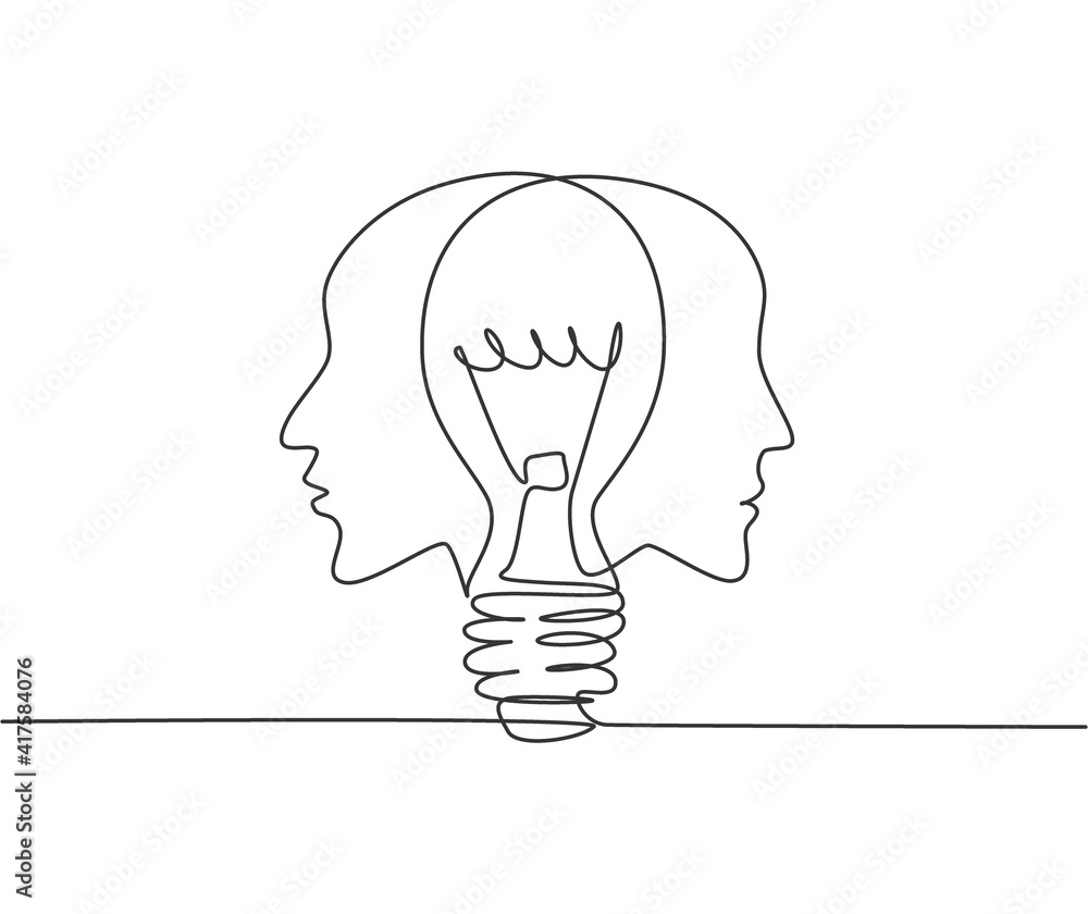 Single continuous line drawing of twin human face with light bulb in ...