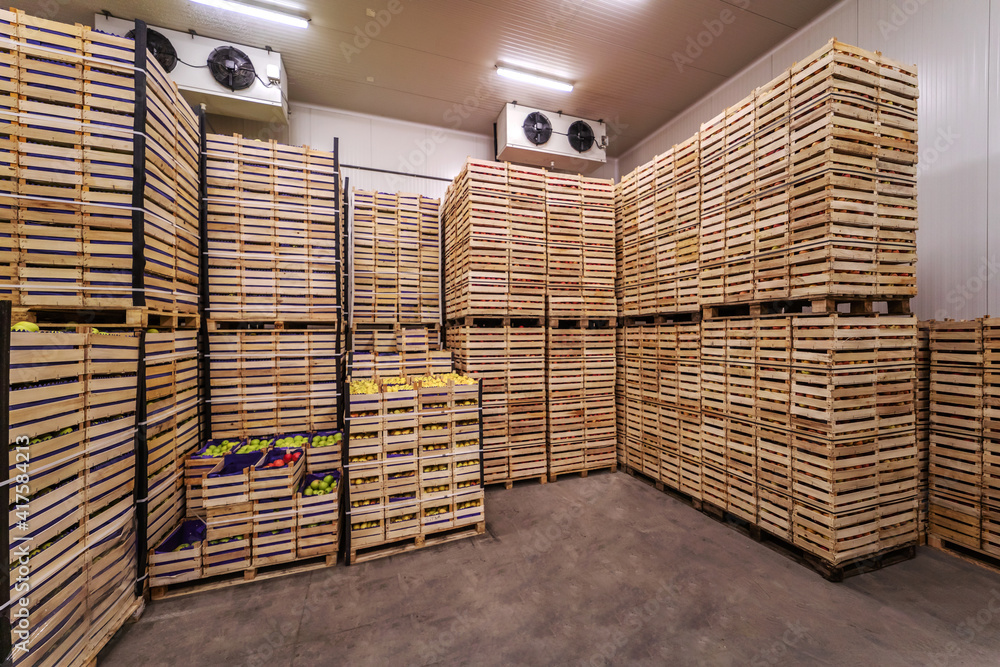 Fruits in crates ready for shipping. Cold storage interior. Stock Photo ...