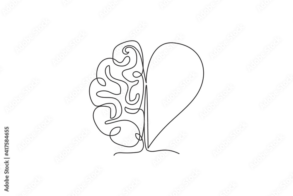 One continuous line drawing of half human brain and love heart shape ...