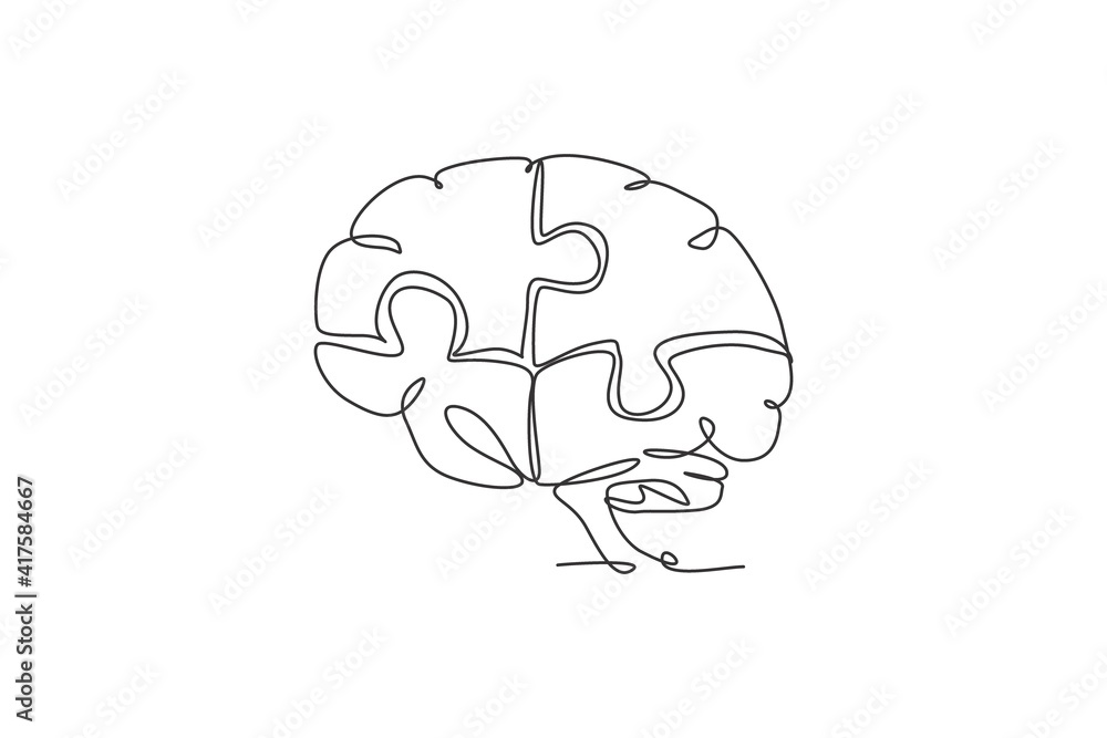 One single line drawing of human brain forming from pieces of puzzles ...