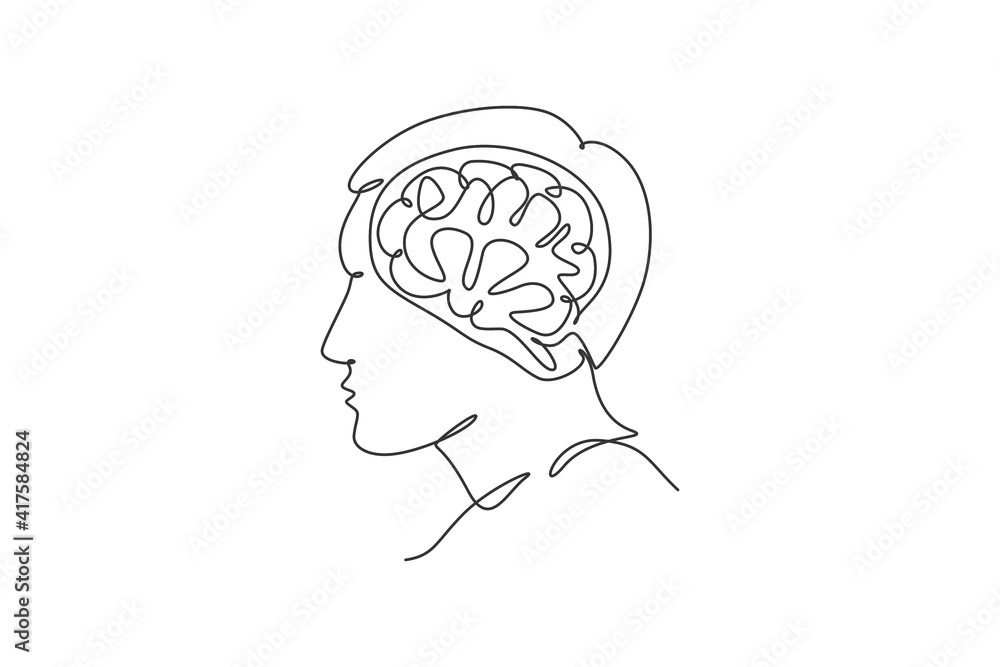 One single line drawing of human head with brain inside from side view ...