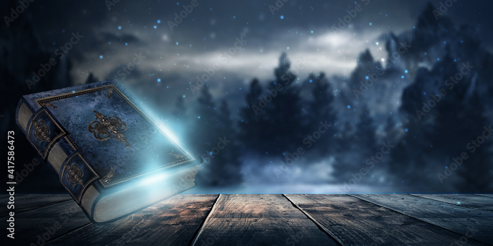 Magic vintage fantasy book on a dark background, landscape, smoke, fog ...