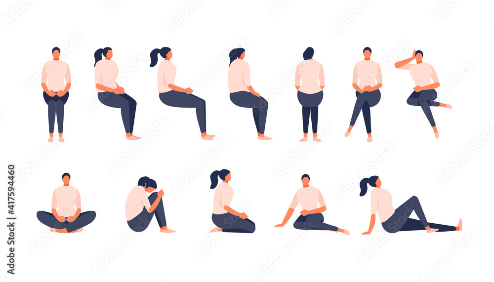 Sitting girl in various positions. Front, side, rear view, isometric ...