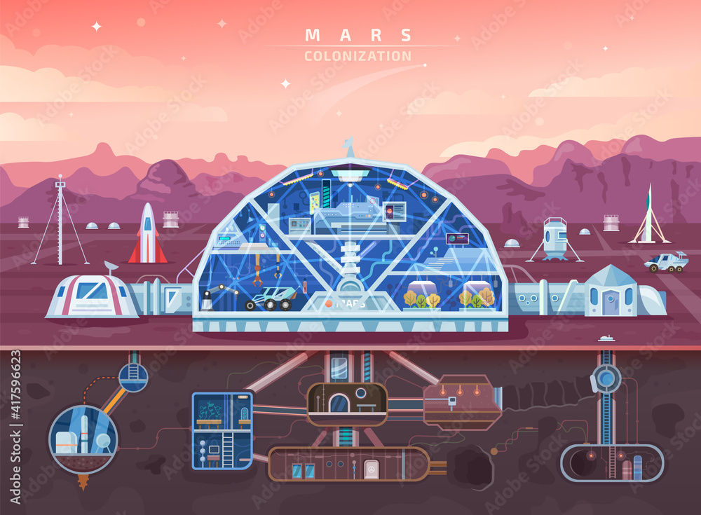 Mars colonization, space planet colony background, vector future life ...