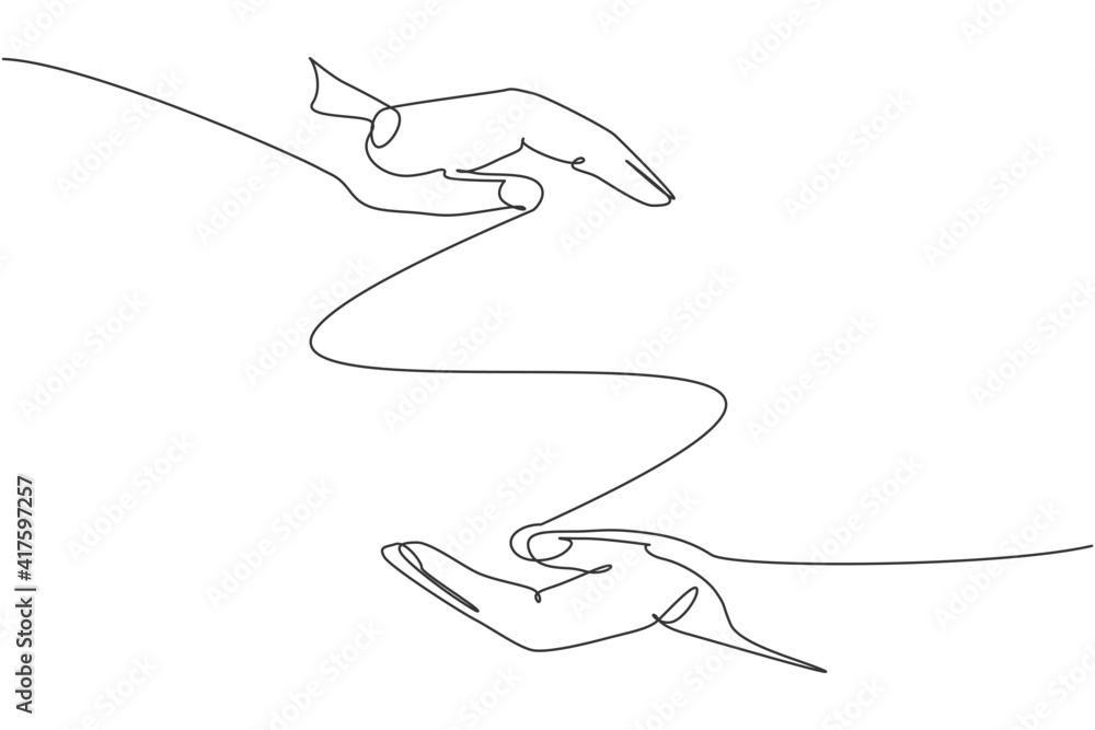 Two hands protection gesture. Single continuous line hand hold elements ...