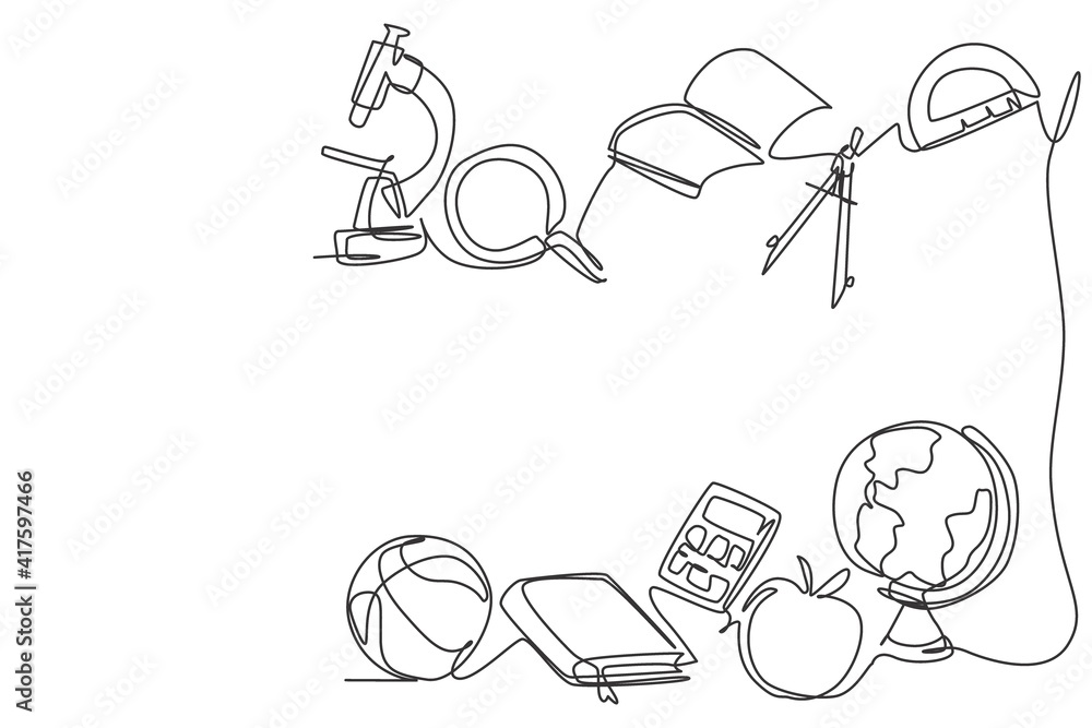 Single continuous line drawing of equipment school set such as book ...
