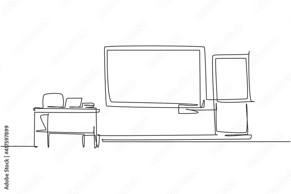 Single continuous line drawing school classroom interior with ...