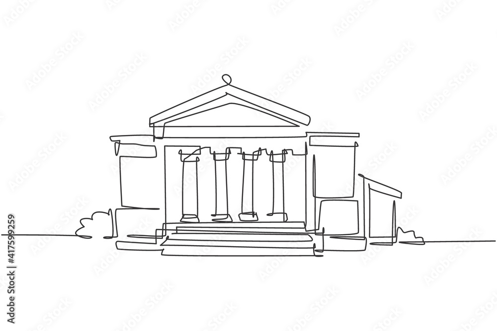 Single one line drawing classic museum construction building with ...