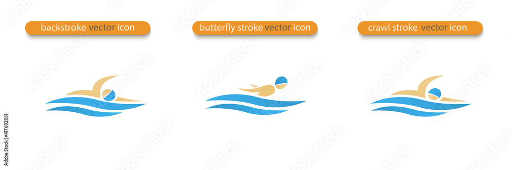 Set of Vector symbols depicting butterfly stroke, crawl stroke and back ...