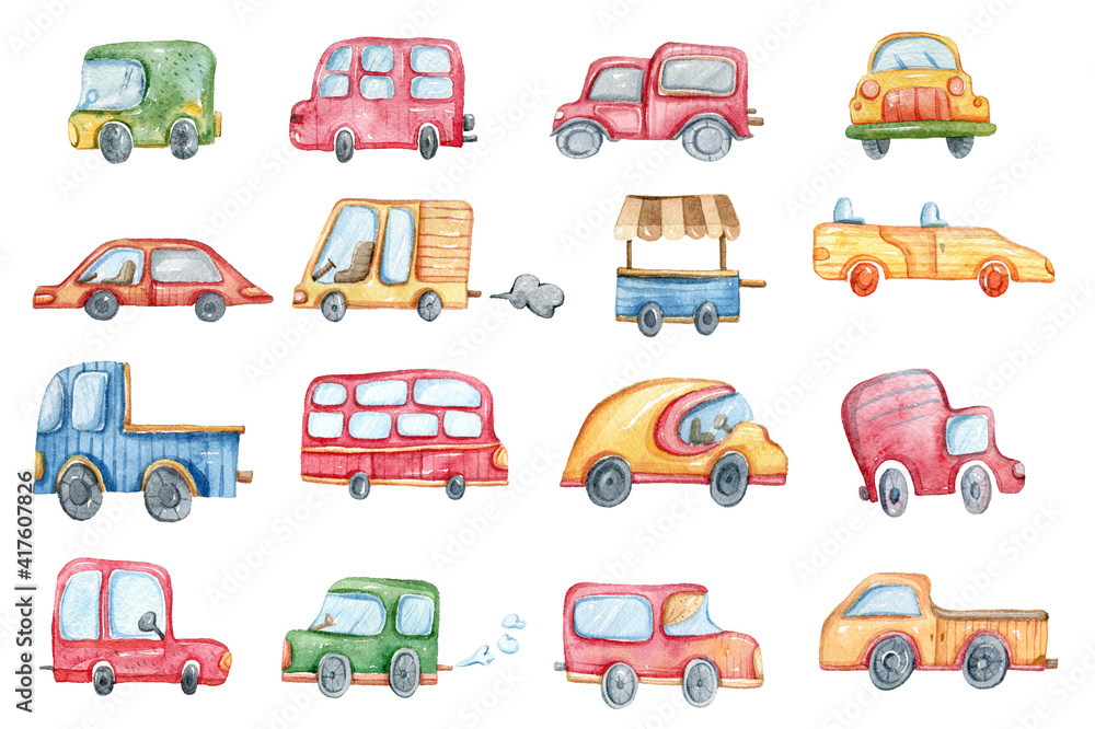 Watercolor hand painted colorful cars, road, trees, signs clipart ...