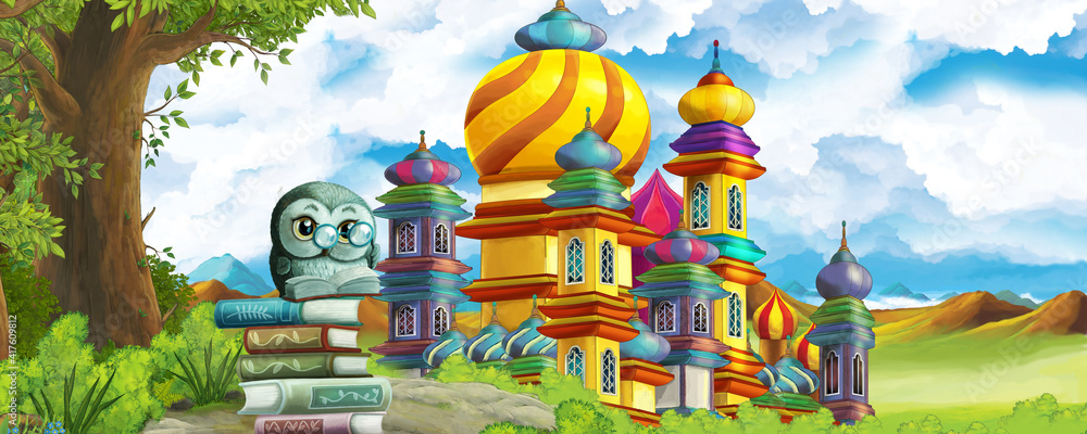 Cartoon nature scene with beautiful castle and the forest illustration ...