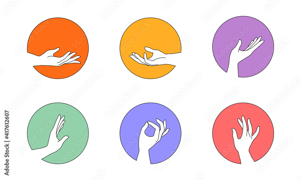 Vector set of female hand logos in minimal linear style. Emblem design ...