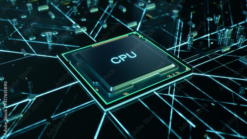 Technological background with CPU and circuit board. Flying CPU and ...