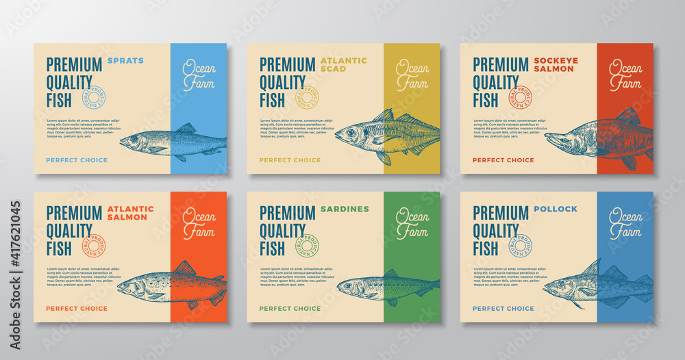 Fish Labels Set. Abstract Vector Packaging Design Layouts Collection ...