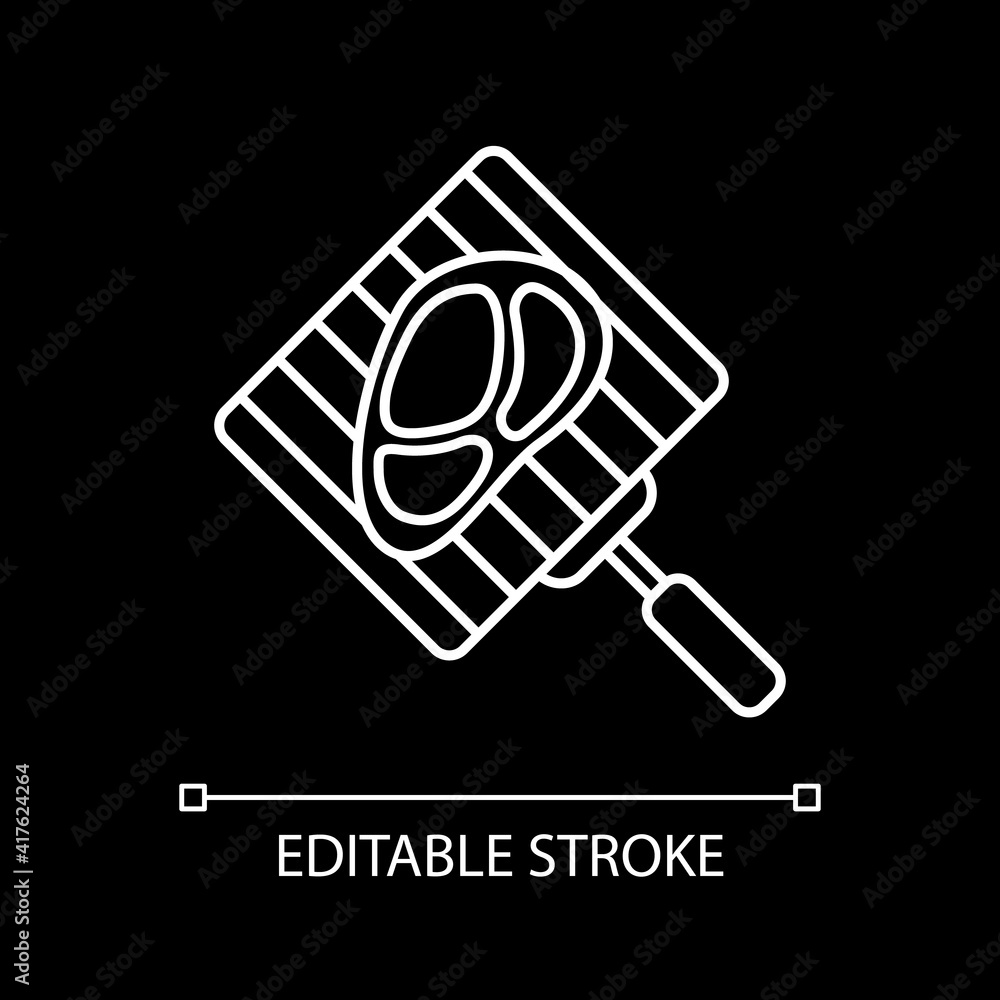 Grilled meat white linear icon for dark theme. Cook steak for barbecue ...