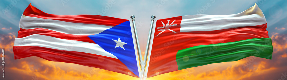 Puerto Rico Flag and Oman Flag waving with texture Blue sky could and ...