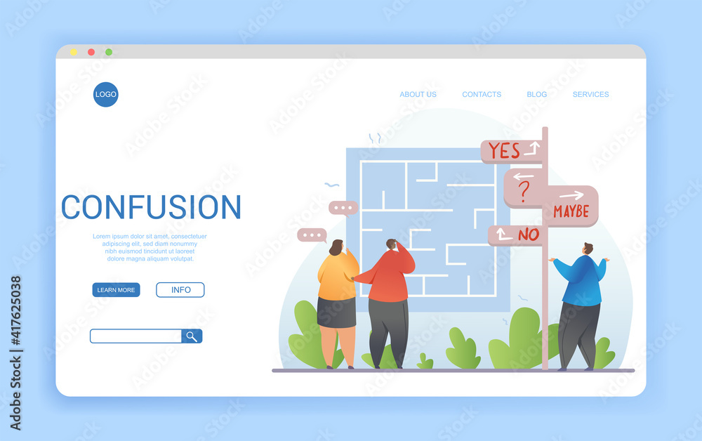 Confusion concept in a website landing page design with people holding ...