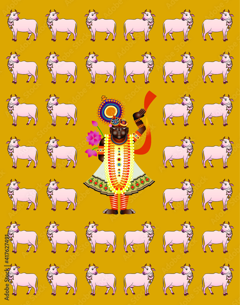 Shrinathji or Lord Krishna with cows, painting Stock Vector | Adobe Stock