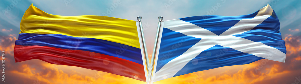 Colombia Flag and Scotland Flag waving with texture Blue sky could and ...