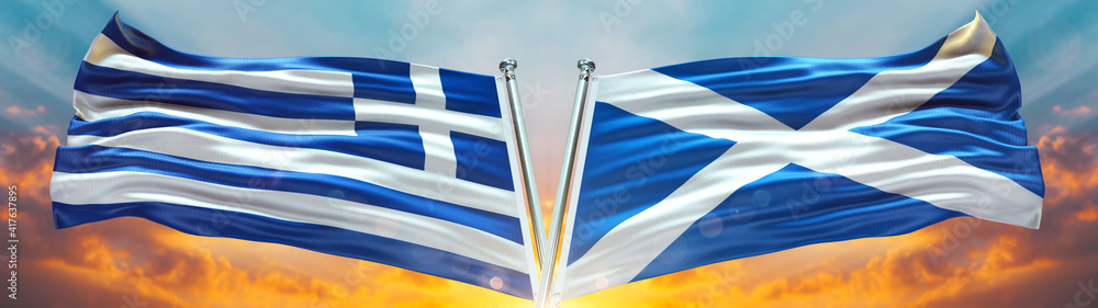 Greece Flag and Scotland Flag waving with texture Blue sky could and ...
