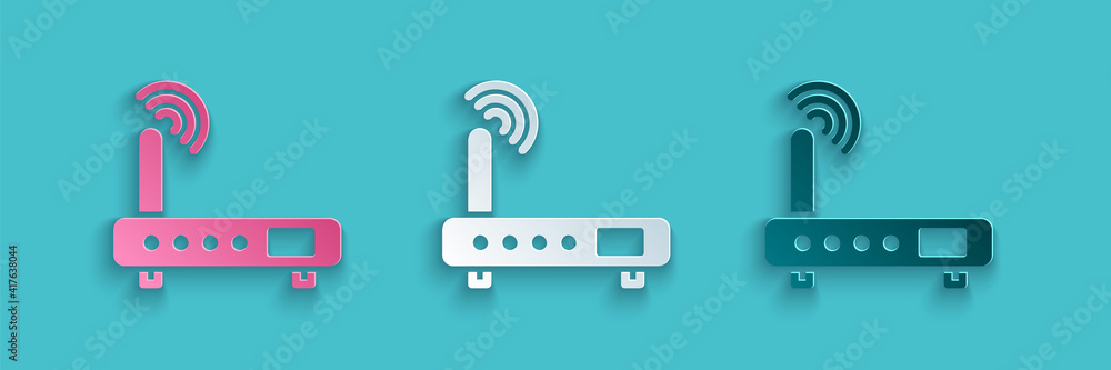 Paper cut Router and wi-fi signal icon isolated on blue background ...
