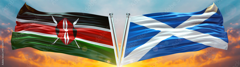 Kenya Flag and Scotland Flag waving with texture Blue sky could and ...