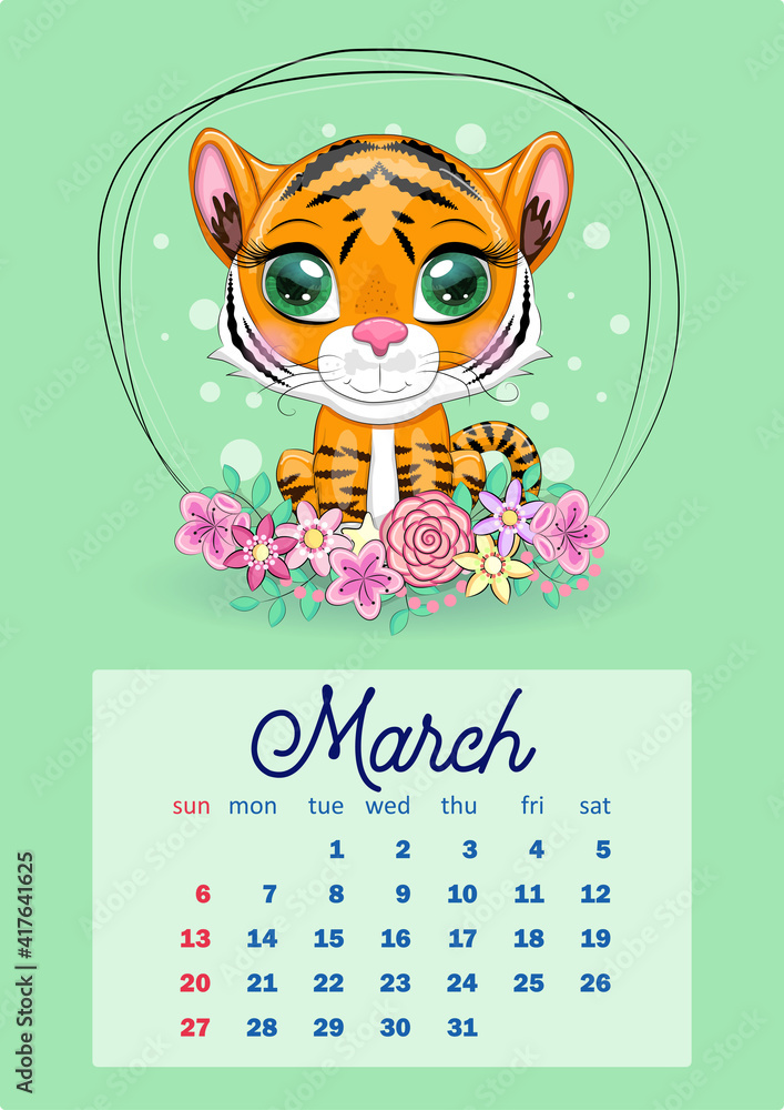 Cute Tiger Wall Calendar Template for 2022, Year of the Tiger, Chinese ...
