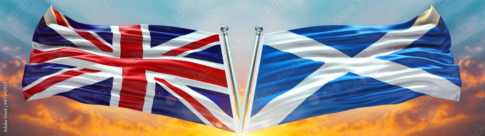 United Kingdom Flag and Scotland Flag waving with texture Blue sky ...