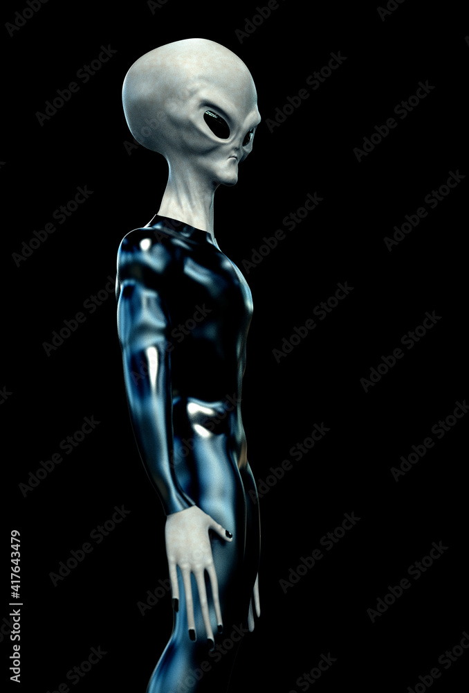 Grey Alien Humanoid ET Character on black Background. Extremely ...
