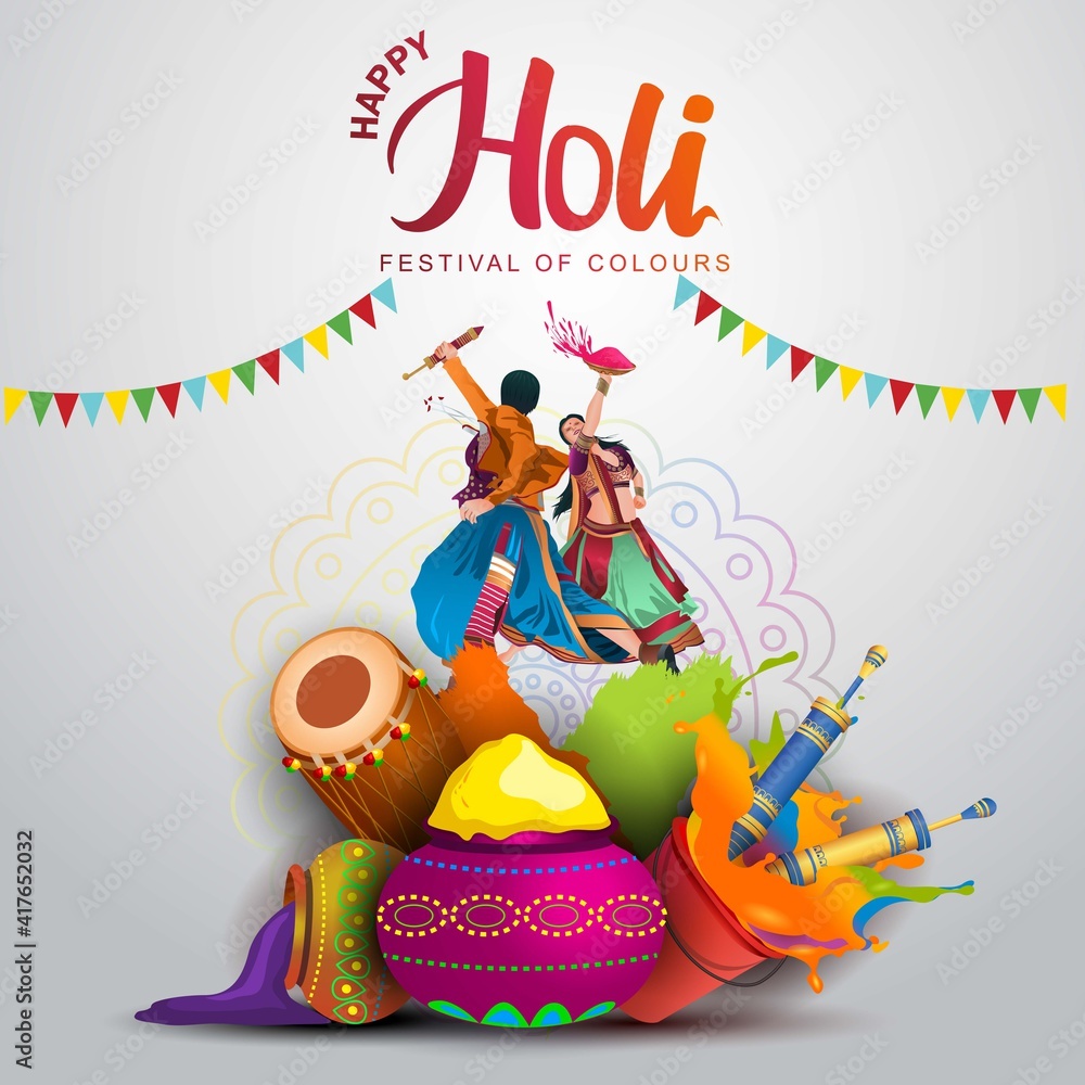 happy Holi, poster, banner, template. Young people dance On holi ...