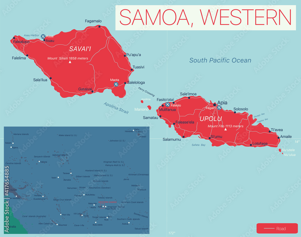 Western Samoa detailed editable map with cities and towns, geographic ...