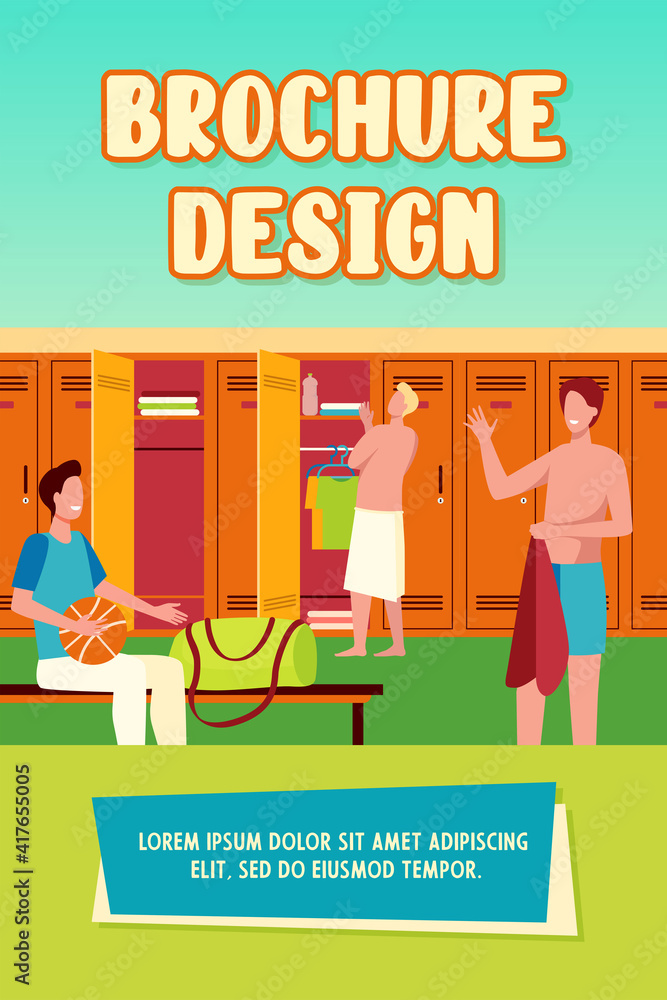 Sport gym locker room with men flat vector illustration. Cartoon male ...