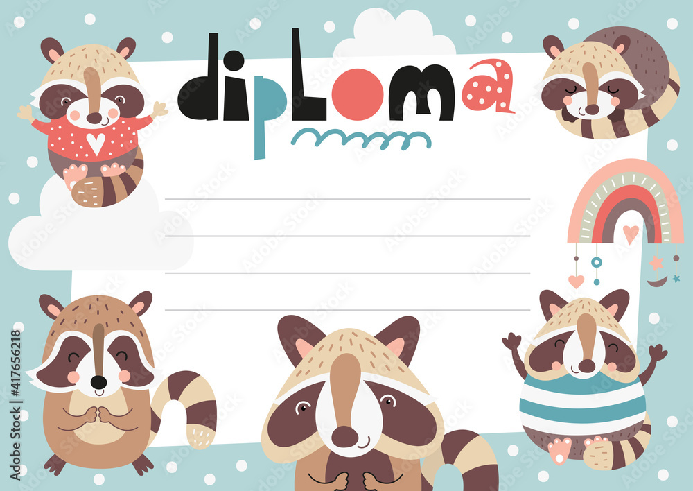 Diploma template with cute little raccoon in doodle cartoon style ...