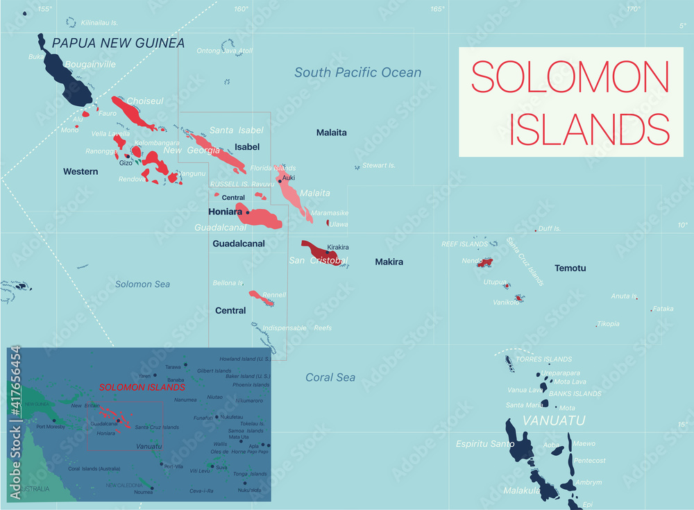 Solomon Islands detailed editable map with cities and towns, geographic ...