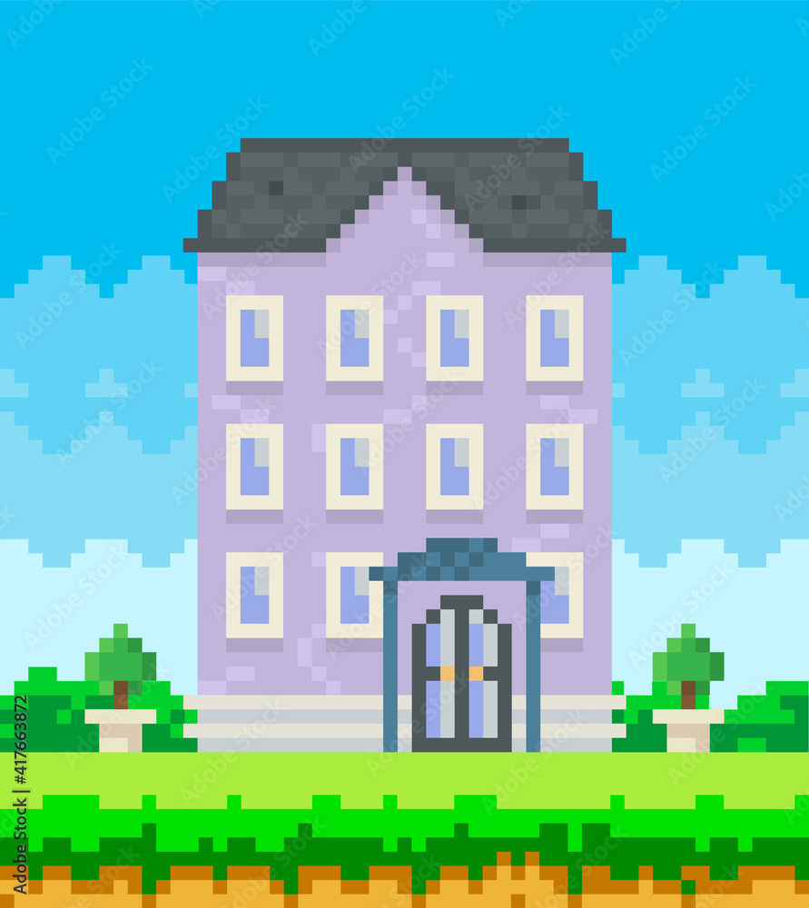 House surrounded by green spaces and plants. Apartment building with ...