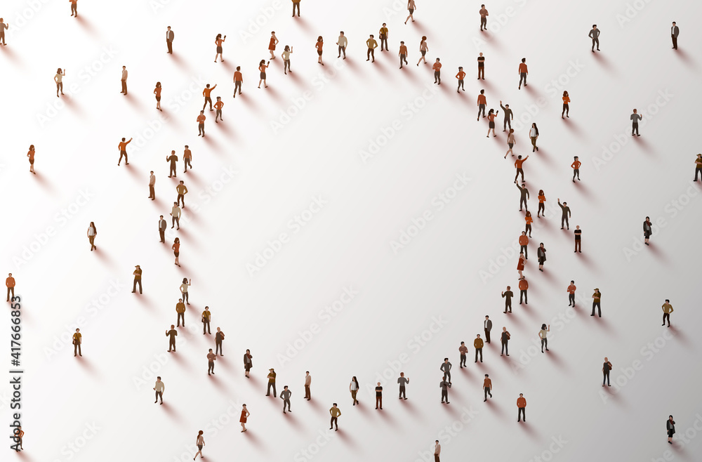 Large group of people in the shape of a circle on white background ...