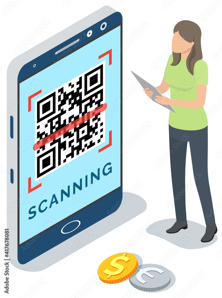 Businesswoman scanning qr code via mobile phone scanner device ...